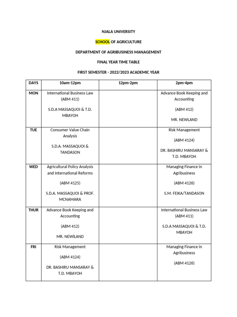 Final Year Timetable - 1 | PDF