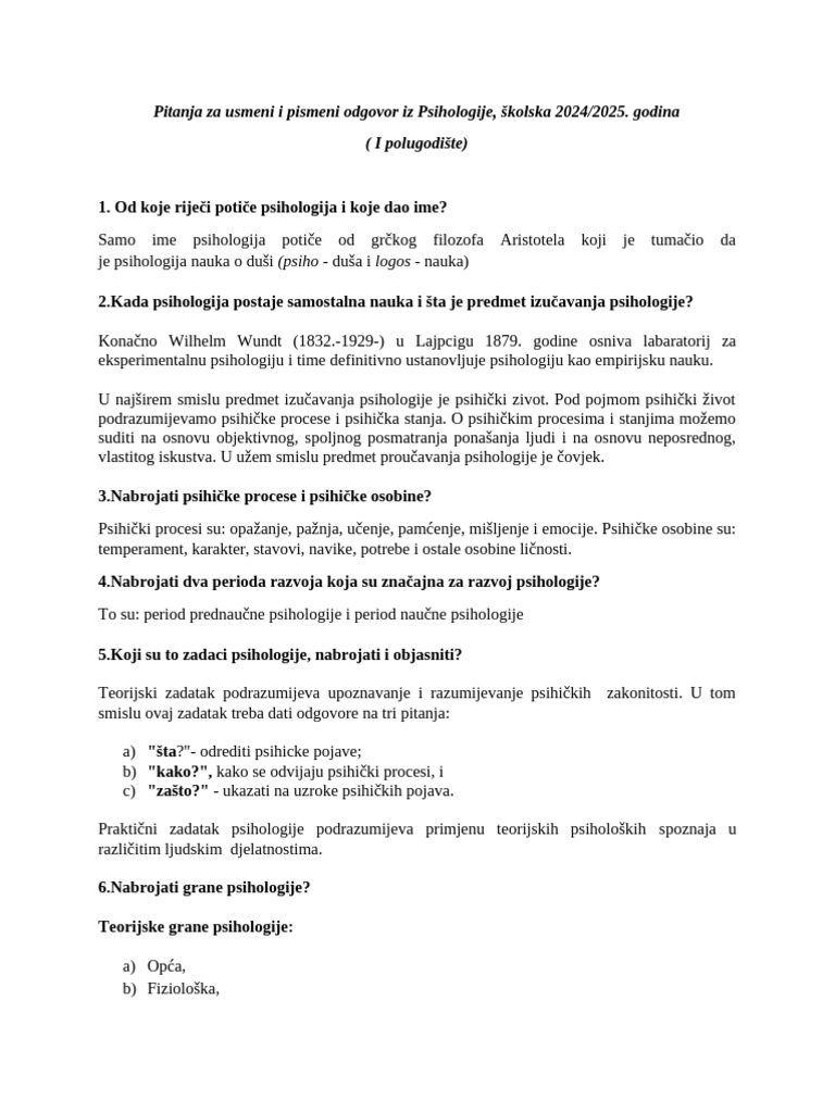 Pitanja Za Usmeni I Pismeni Odgovor Iz Psihologije 2024-2025 | PDF