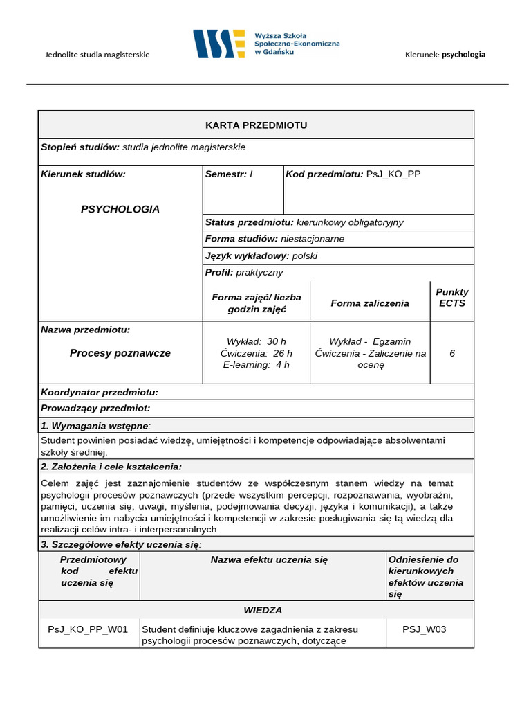 PSJ - Procesy Poznawcze | PDF