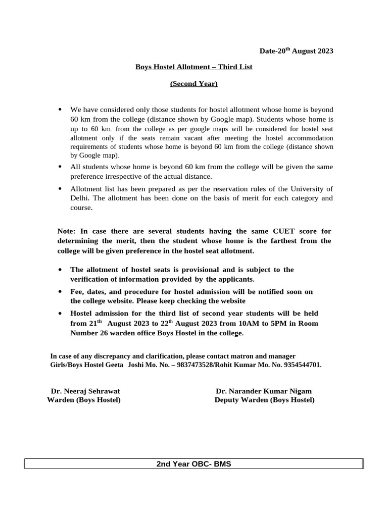 Boys Hostel Allotment List 2023 | PDF