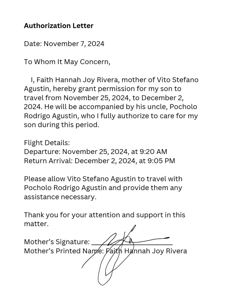 Authorization Letter Date November 7, 2024 to Whom It May Concern, I ...