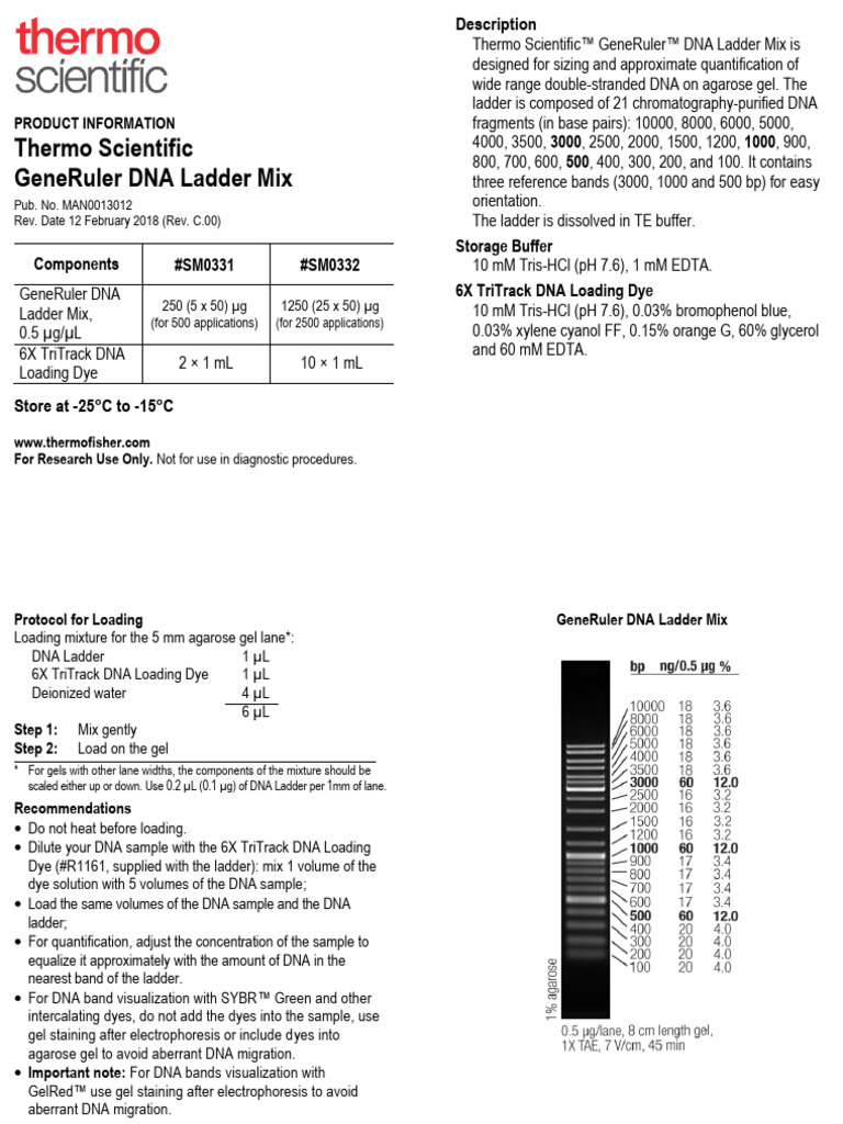 MAN0013012 GeneRuler DNALadder 250ug UG | PDF | Agarose Gel ...