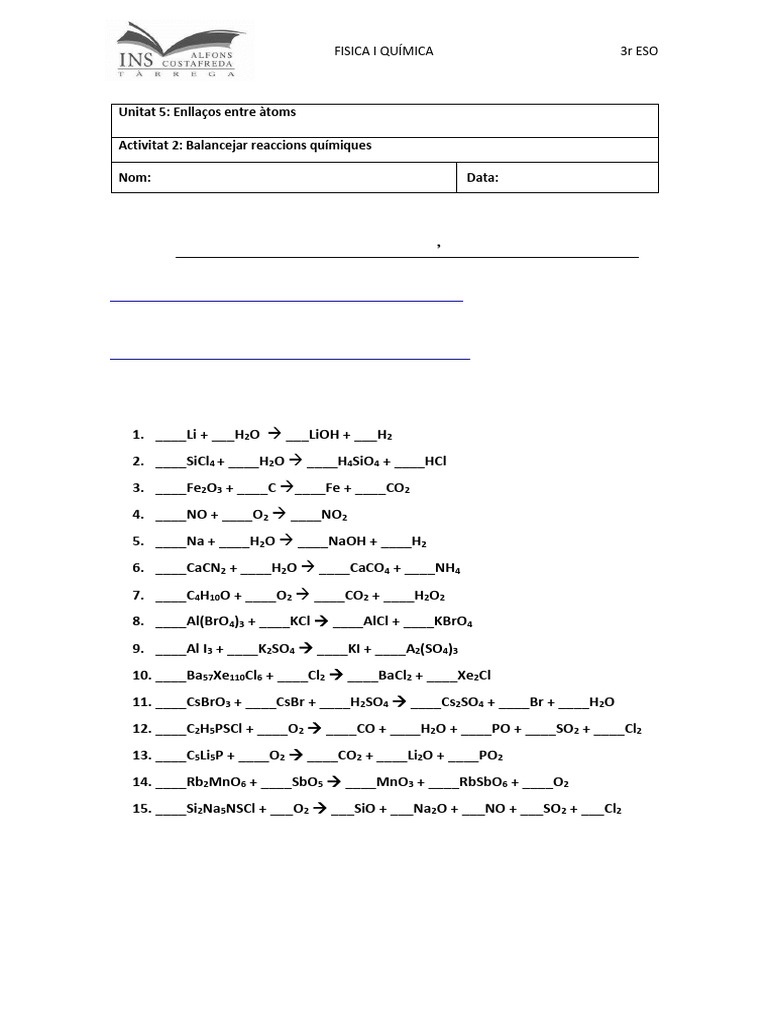 Tema 5 - Activitat 2 - Balancejar Reaccions Químiques PDF | PDF