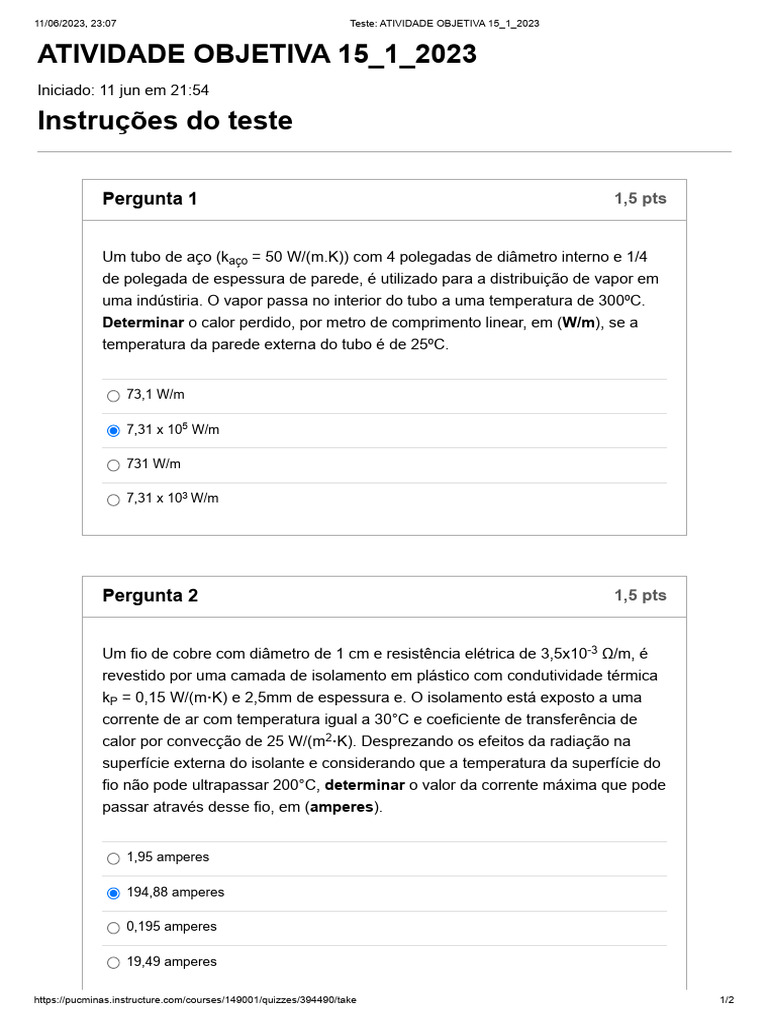 Teste Atividade Objetiva 15 1 2023 10 Pdf Calor Convecção
