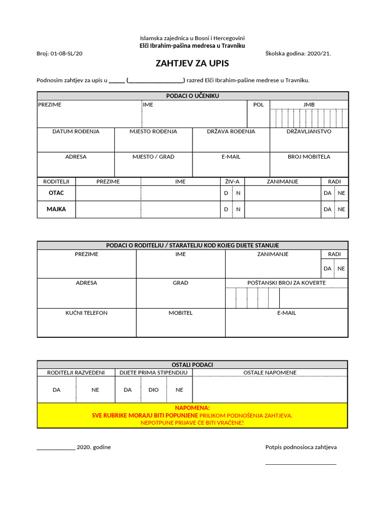 Zahtjev Za Upis U Medresu 2020 | PDF
