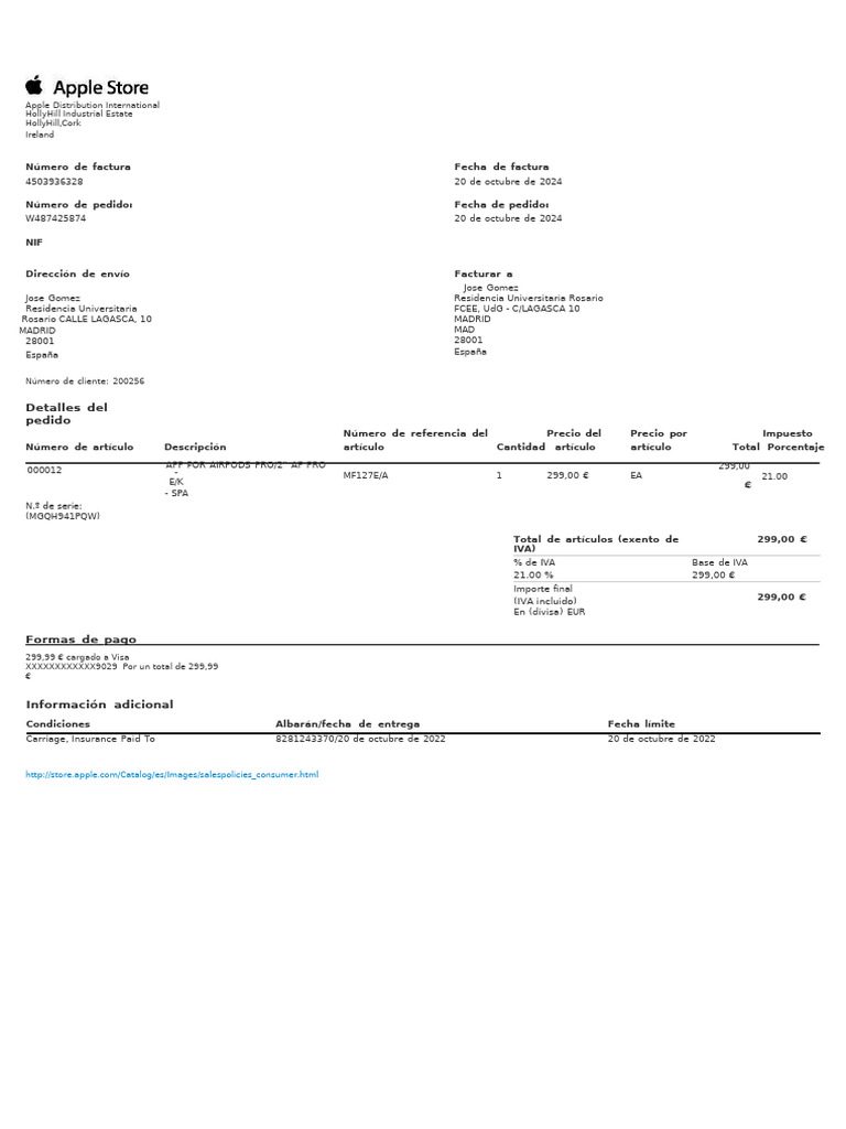 FACTURA APPLE AIRPODS PRO 2 Plantilla Word | PDF