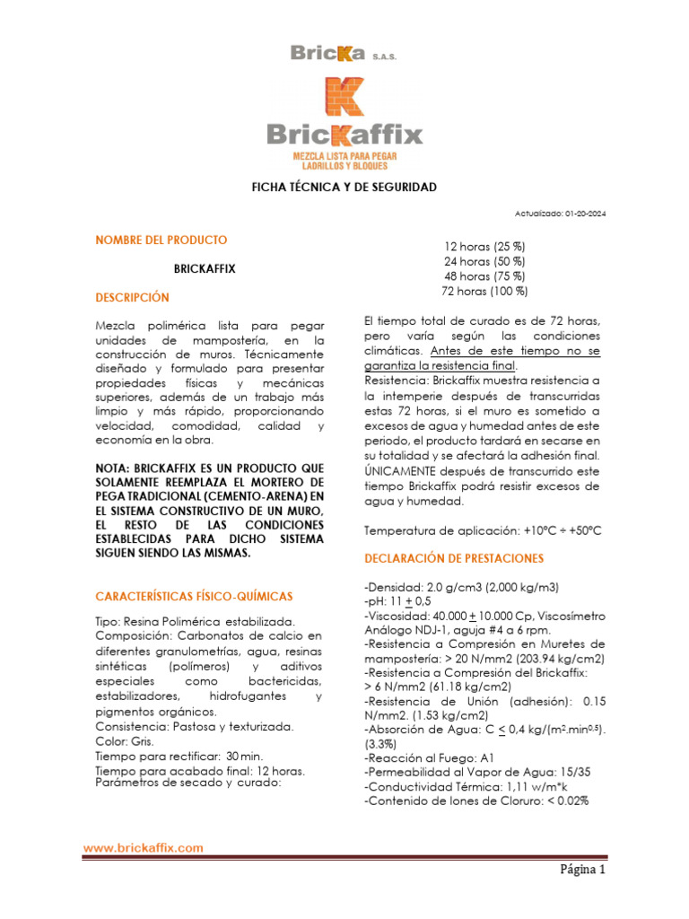 Ficha Tecnica Brickaffix 20-01-2024 | PDF | Materiales