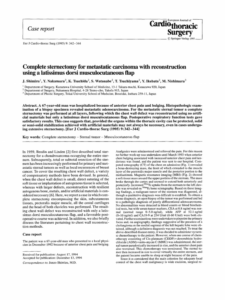 Complete sternectomy for metastatic carcinoma with reconstruction using ...