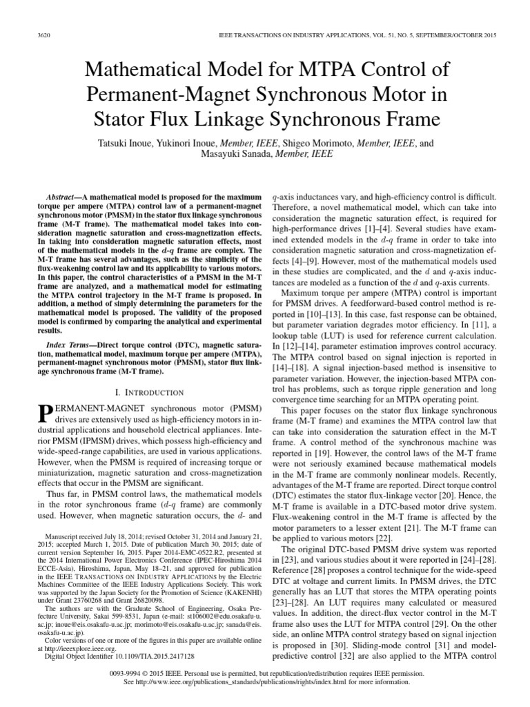 Mathematical Model For MTPA Control of Permanent-Magnet Synchronous Motor in Stator Flux Linkage ...