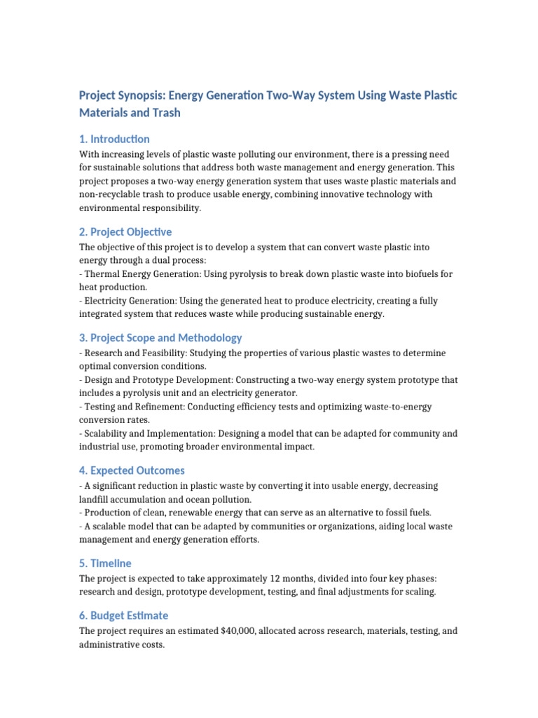 Energy Generation Project Synopsis | PDF | Waste | Plastic