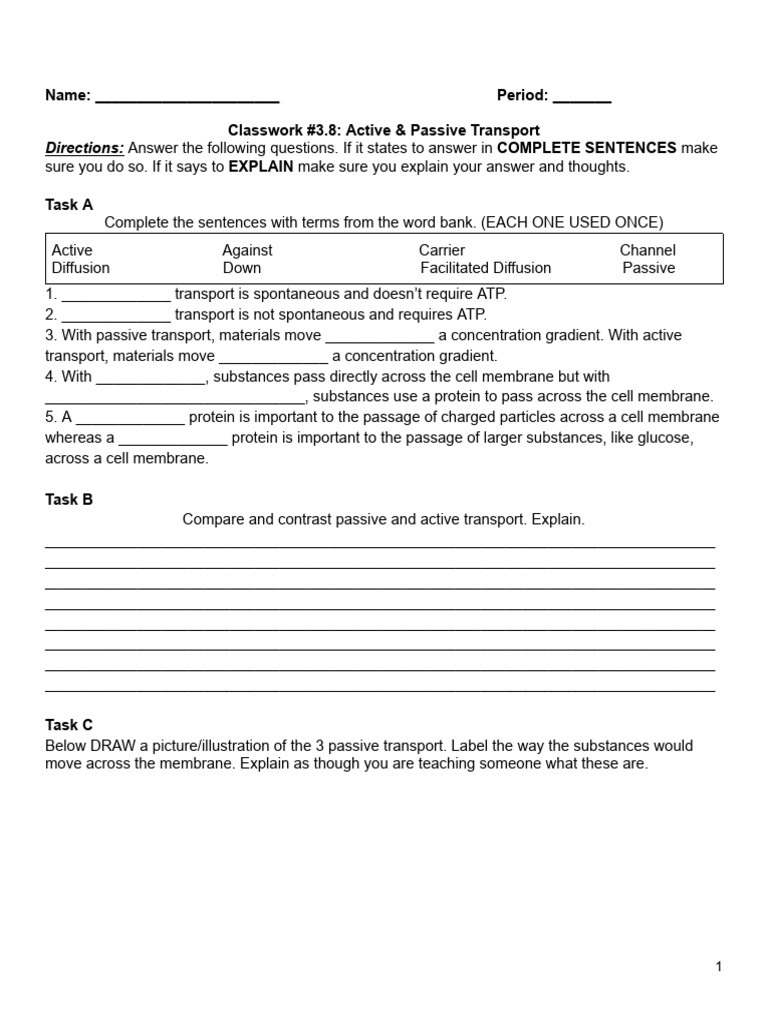 2- Classwork #3.8_ Active & Passive Transport | PDF