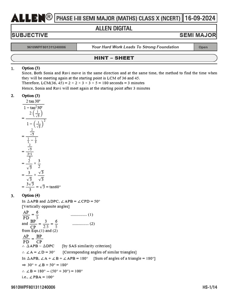 Phase I-Iii Semi Major (Maths) Class X (Ncert) : Allen Digital | PDF | Area | Triangle