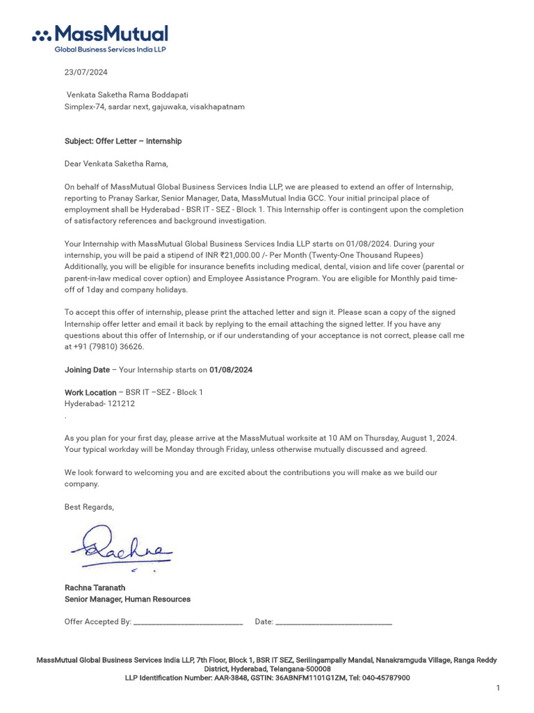 MassMutual Internship Offer Letter 2024 | PDF | Employment | Labor