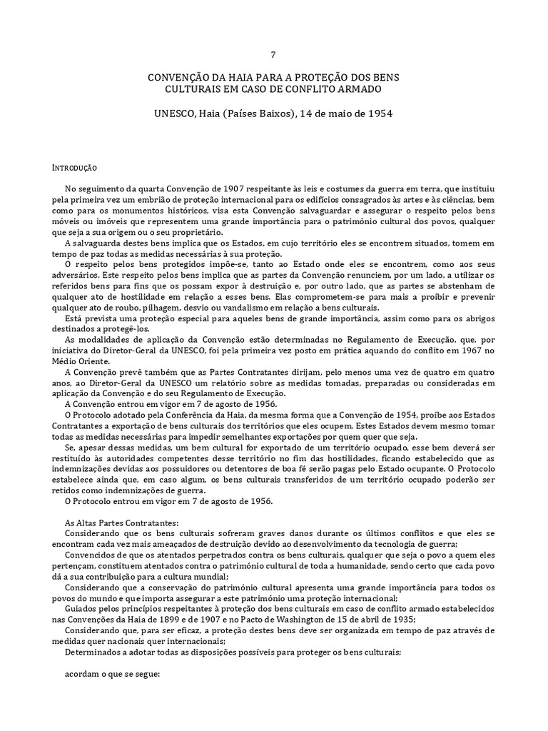 7 Convenção Da Haia Conflito Armado - UNESCO 1954 | PDF | Tratado ...