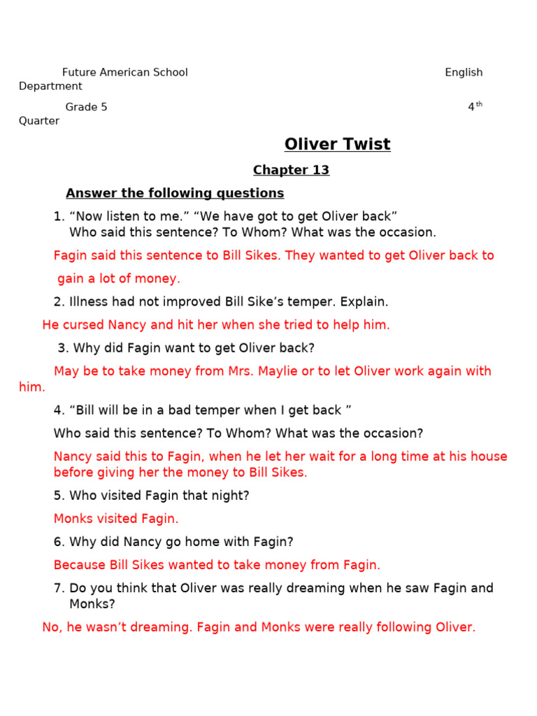 Oliver Twist Chapter 13 Study Questions | PDF