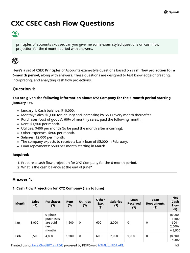CXC CSEC Cash Flow Questions | PDF | Expense | Business