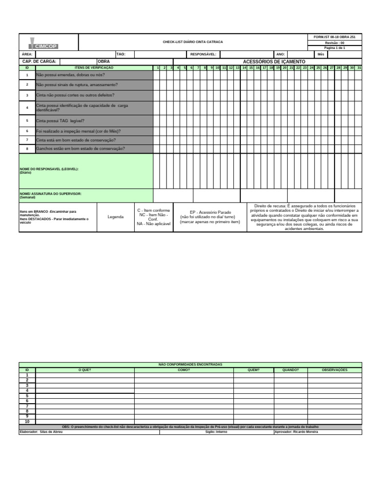 Form - Ist 08-18 Obra 251 Check-List Diário Cinta Catraca | PDF