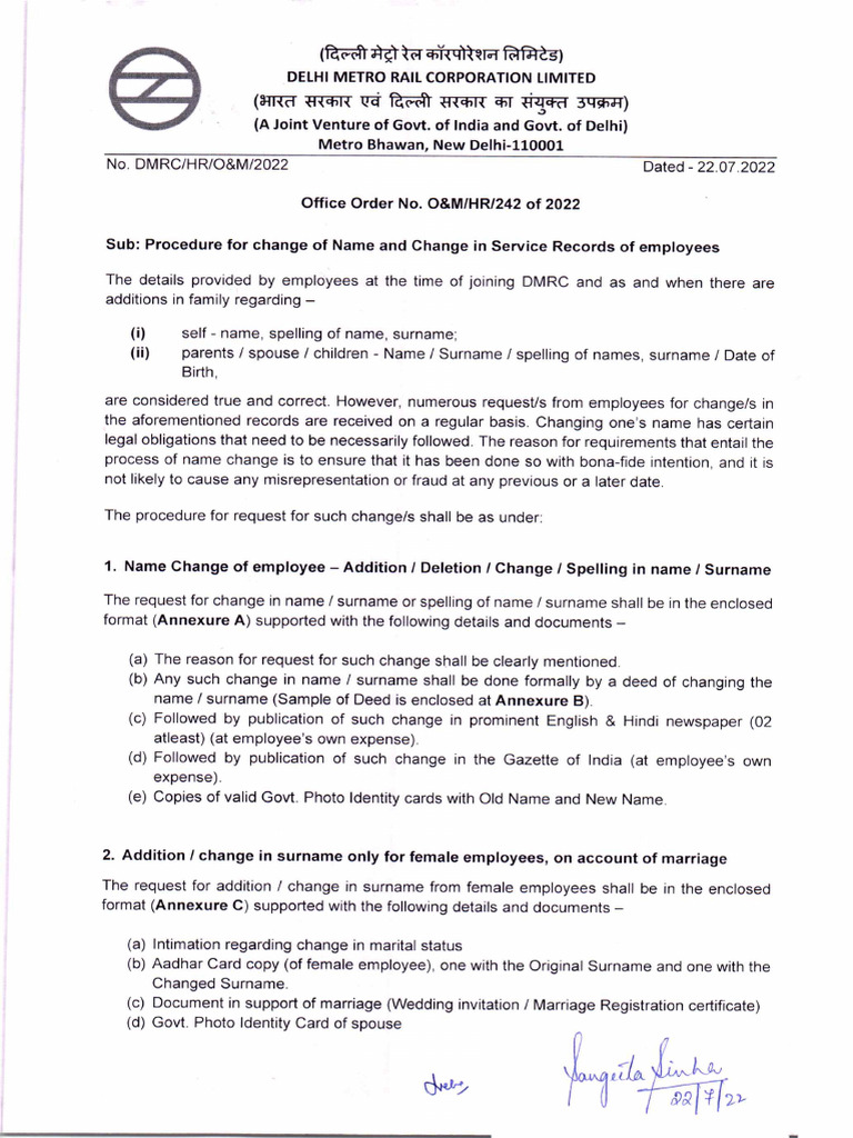 Procedure for Change in Service Record | PDF