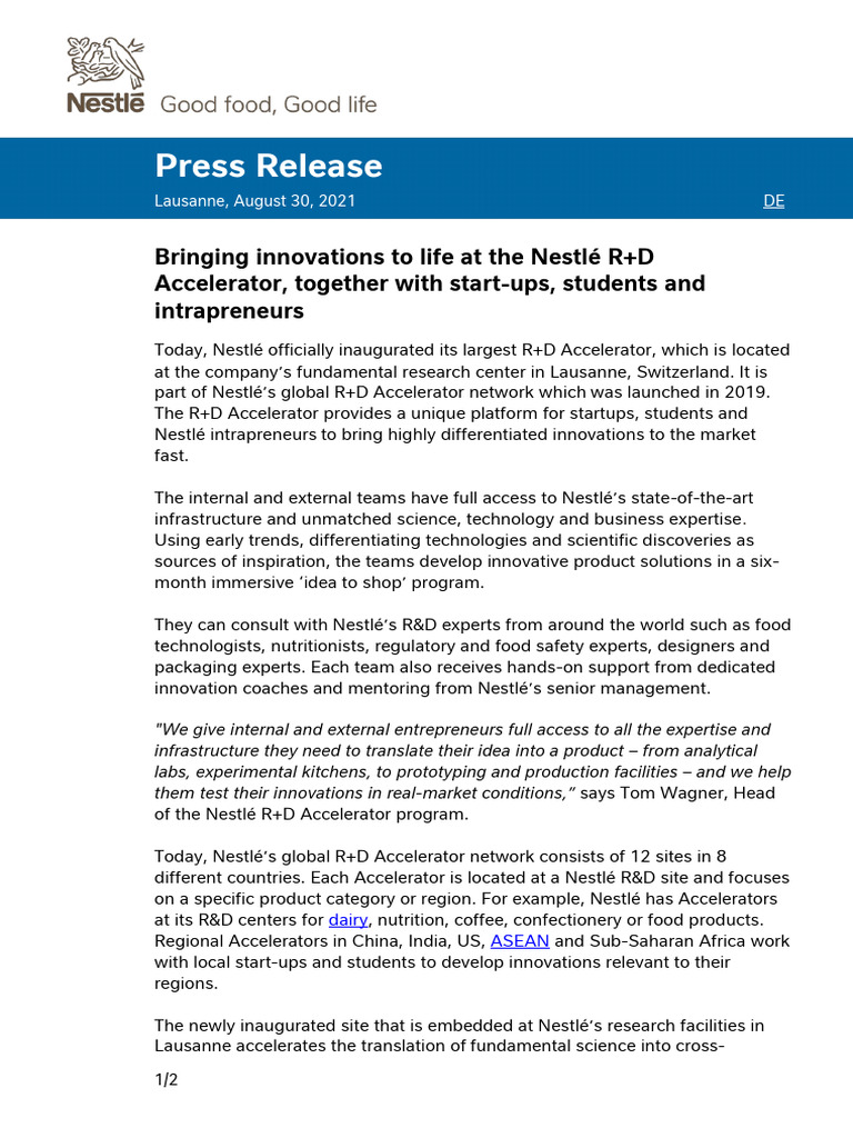 Press Release RD Accelerator Inauguration en | PDF | Nestlé | Startup ...