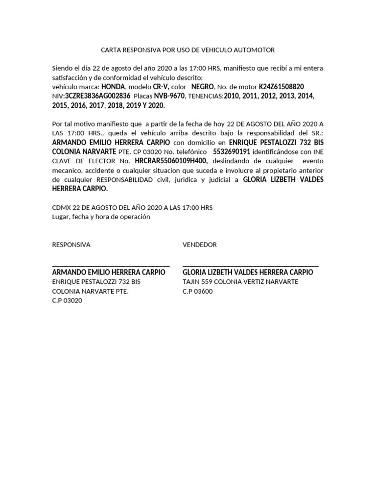 Carta Responsiva Por Uso De Vehiculo Automotor Glo Pdf