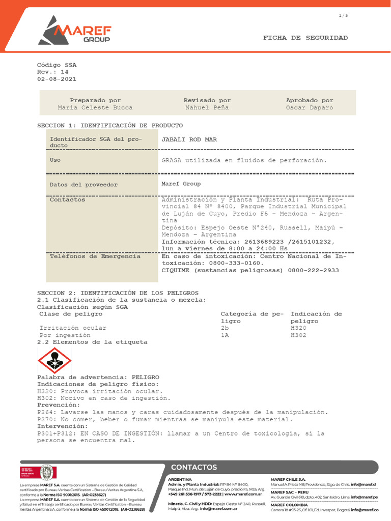 Ficha de Seguridad: Jabali Rod Mar | PDF