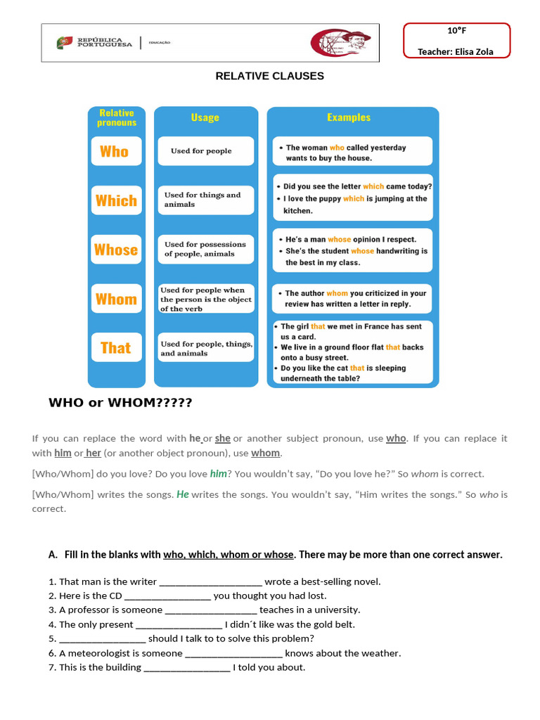 Relative Clauses Exercises | PDF | Linguistics | Syntax