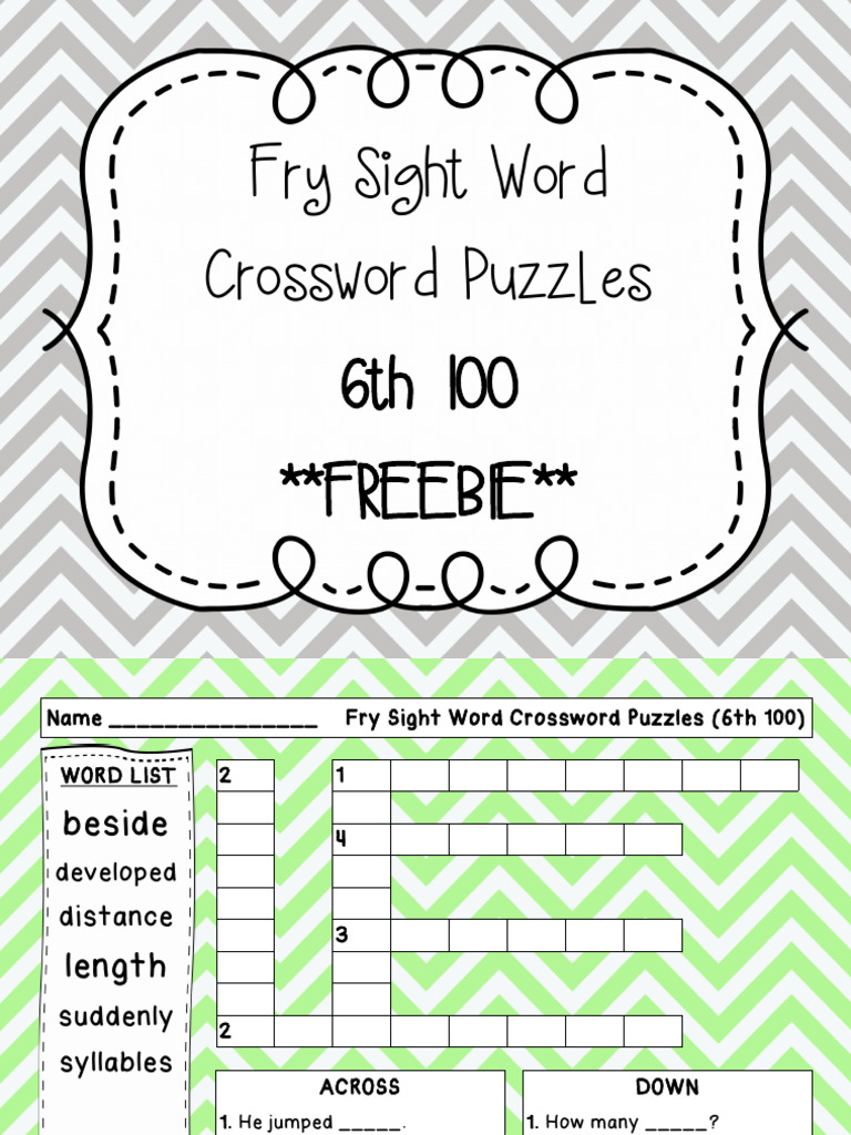 Fry Sight Word Crossword Puzzles 6th 100 FREEBIE | PDF