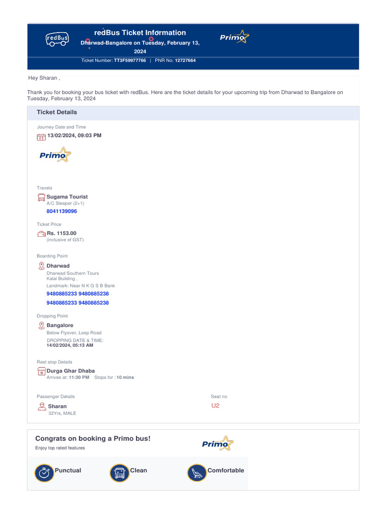 Dharwad to Bangalore Bus Ticket Details | PDF | Bus | Public Transport