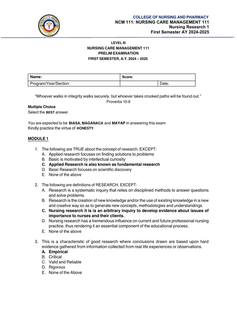 1 NCM 111 Prelim Exam | PDF