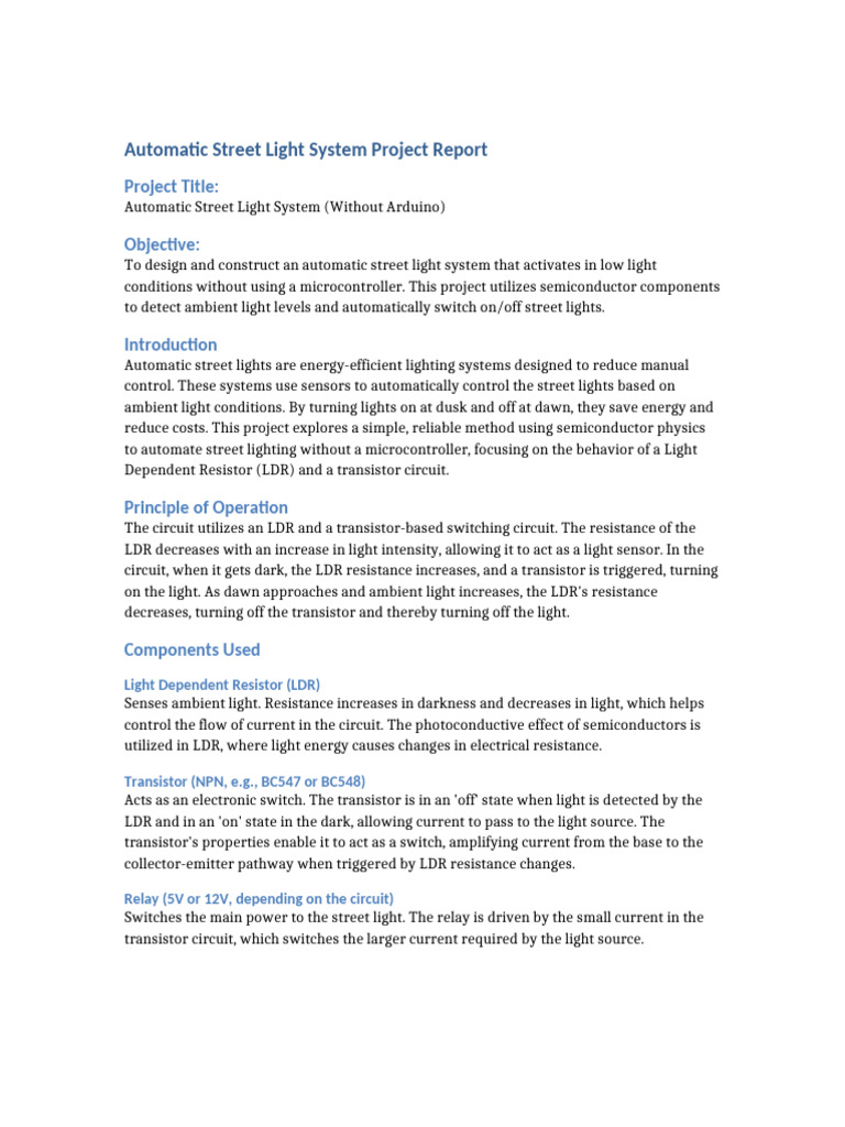 Automatic Street Light Project Report With Circuit Diagram | PDF ...