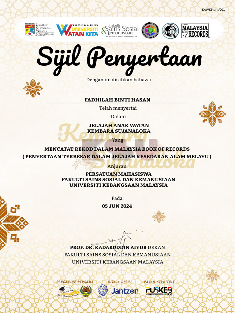 SIJIL PENYERTAAN KEMBARA ANAK WATAN KEMBARA SUJANALOKA | PDF