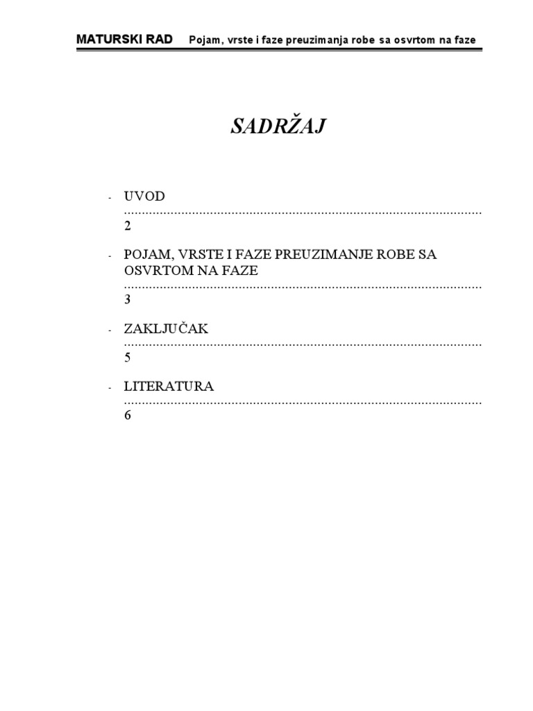 Pojam, Vrste I Faze Preuzimanja Robe | PDF