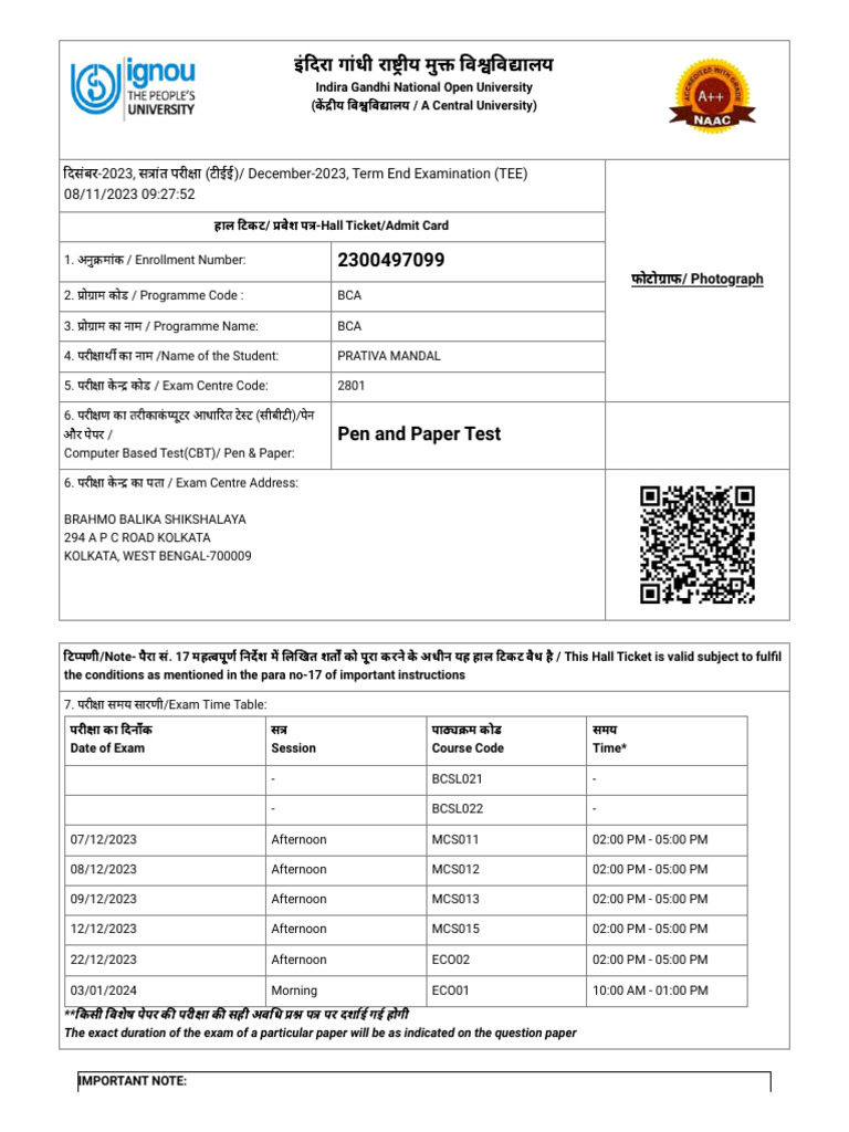 Ignou December-2023 - Hall Ticket - Admit Card | PDF