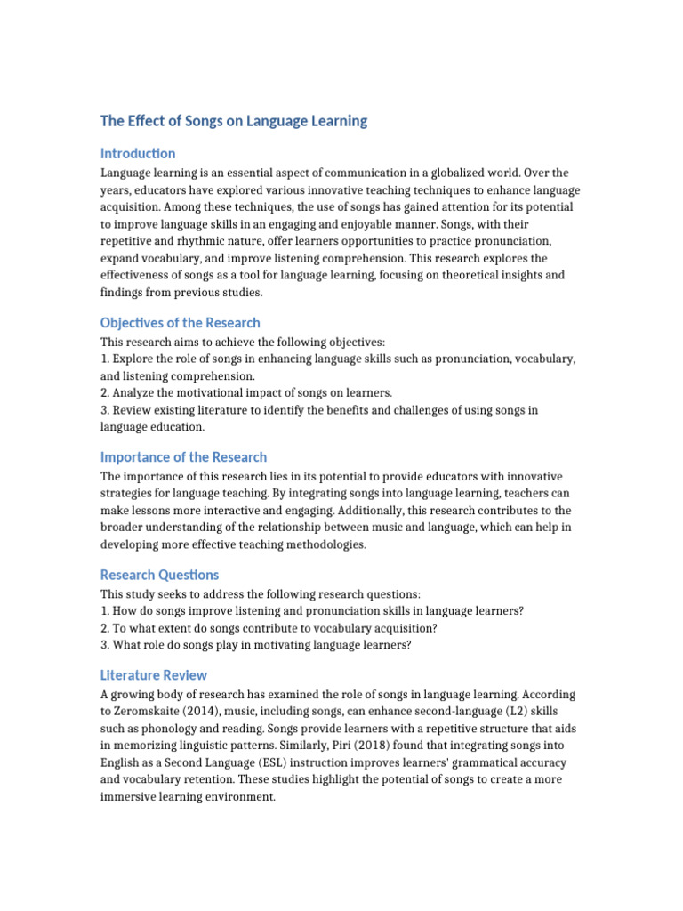 The Effect of Songs On Language Learning | PDF | Learning | Language ...