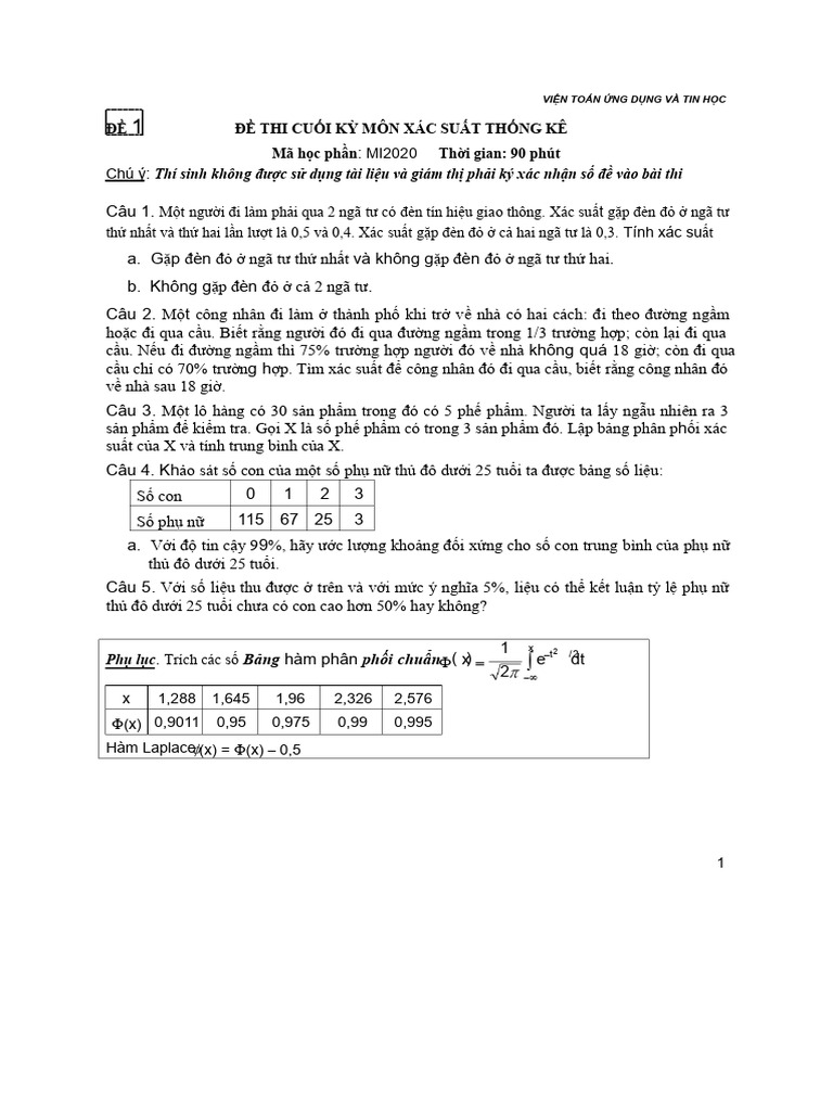 De Thi Xac Suat Thong Ke Cuoi Ki Dai Hoc Bach Khoa Ha Noi 80567 | PDF