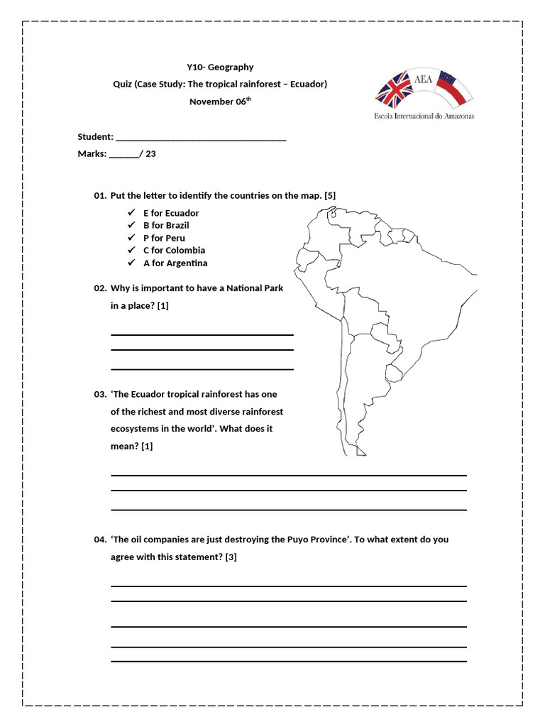 Quiz (Case Study- The tropical rainforest – Ecuador) | PDF