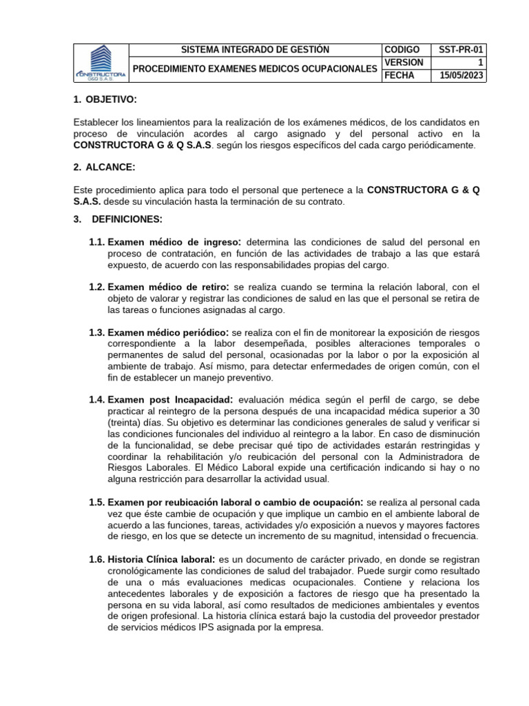SST-PR-01 Procedimiento Examenes Medicos Ocupacionales | PDF | Vigilancia | Riesgo