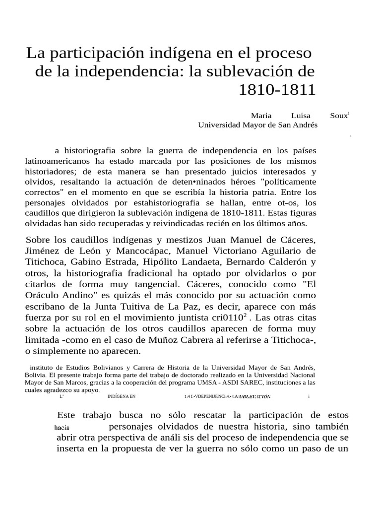 La Participación Indígena en El Proceso de La Independencia: La Sublevación de 1810-1811 | PDF ...