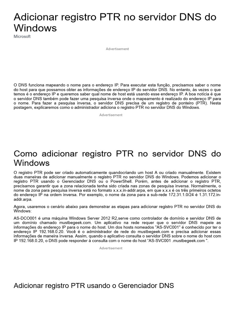 Como Adicionar Registro PTR no DNS Windows | PDF | Sistema de Nomes de ...