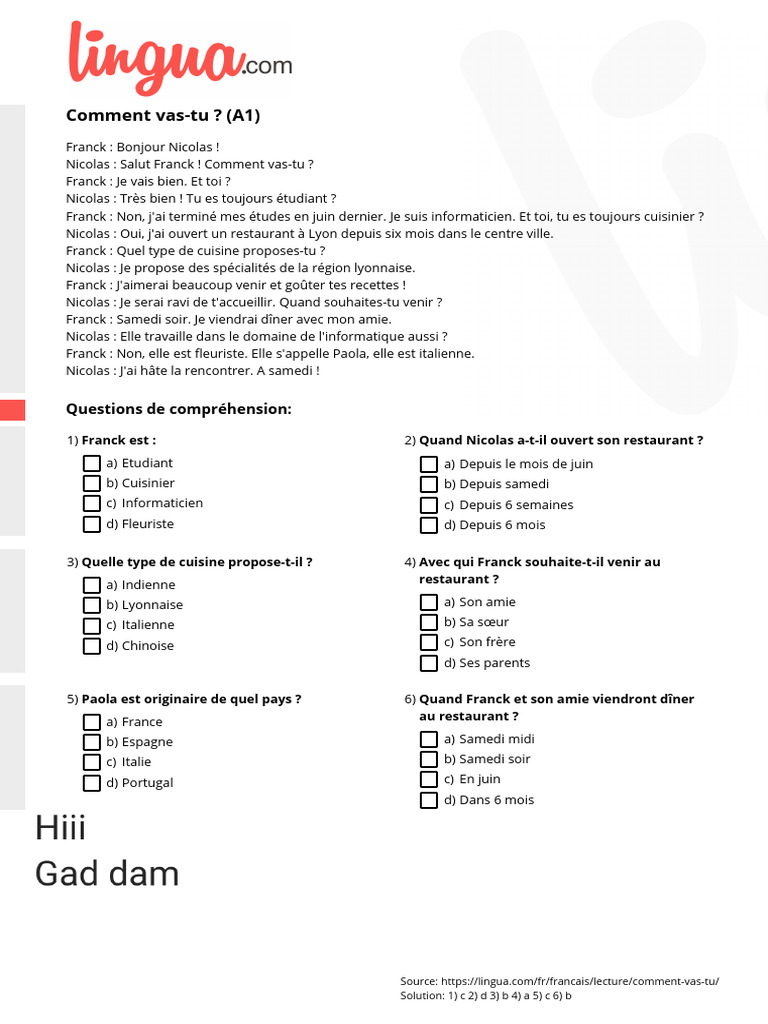 Dialogue en français : Comment vas-tu ? | PDF | Préparation de ...