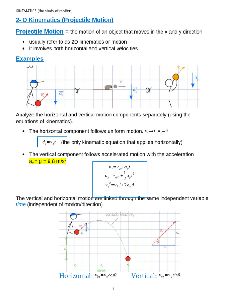 Unit 1 Kinematics - 2D Motion (Projectile) Notes | PDF | Kinematics ...