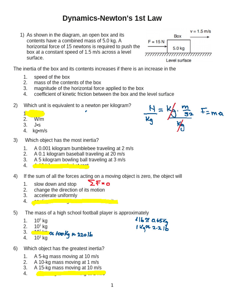 Dynamics Problems - Newton's 1st Law | PDF | Force | Mass