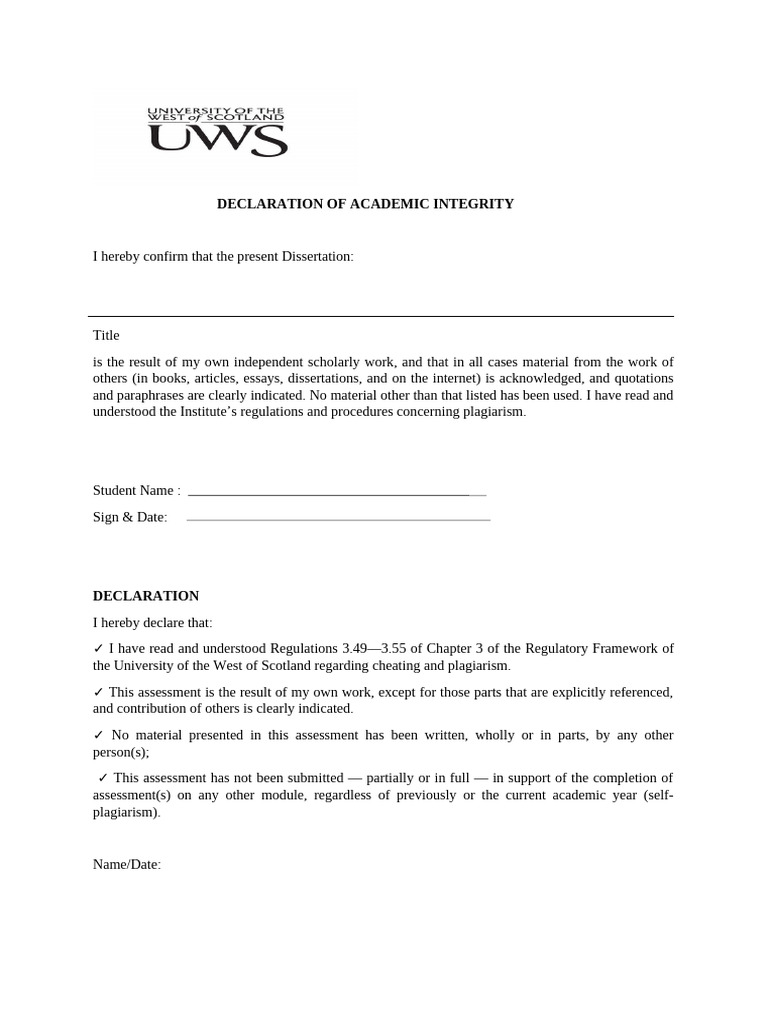 Declaration of Academic Integrity | PDF