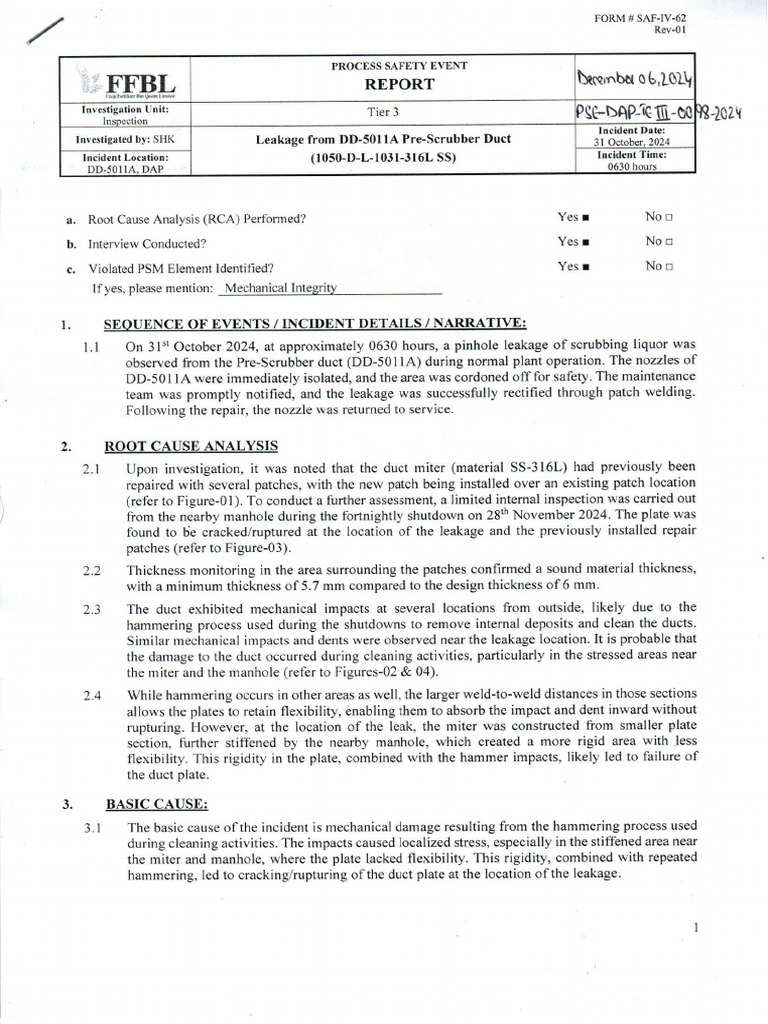 PSE Report - Leakage From DD-5011A Pre-Scrubber Duct (1050-D-L-1031-316L SS) | PDF
