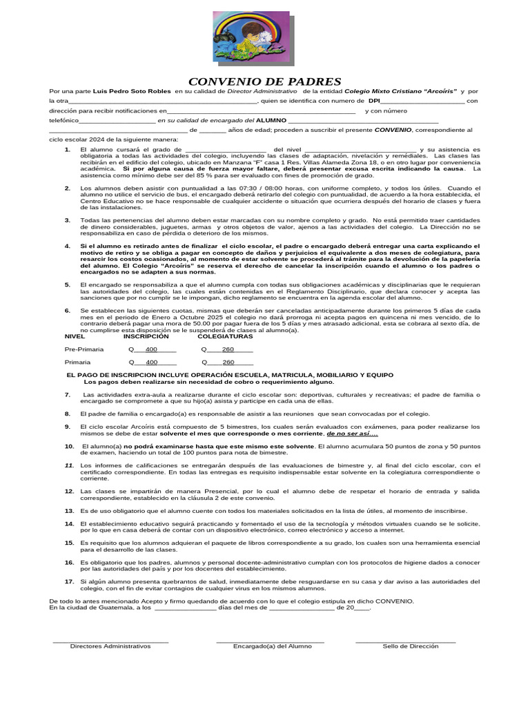 Convenio Escolar para Padres 2024 | PDF