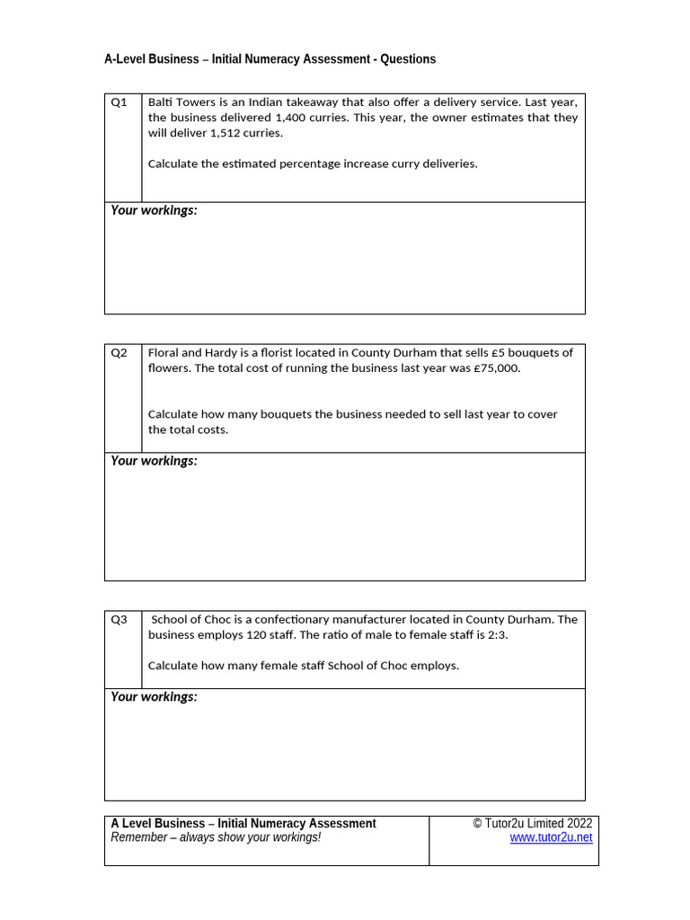 A Level Business Numeracy Assessment Ed2 - Questions | PDF