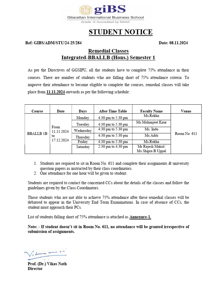 284-Remedial Classes Notice BBALLB 1B | PDF