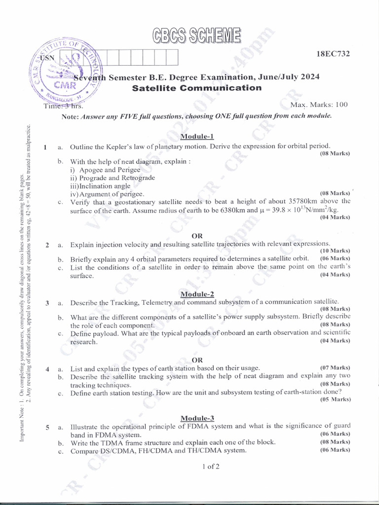 VTU Question Paper of 18EC732 Satellite Communication Jun-July-2024 | PDF