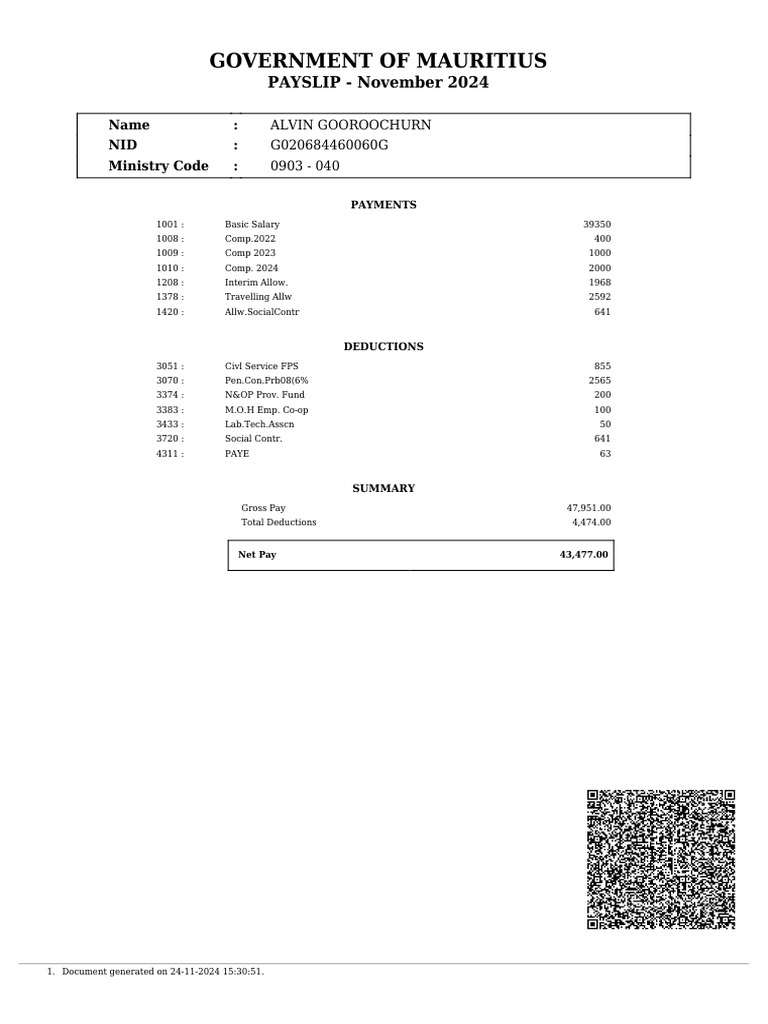 Mauritius Government Payslip November 2024 | PDF | Taxes | Government ...