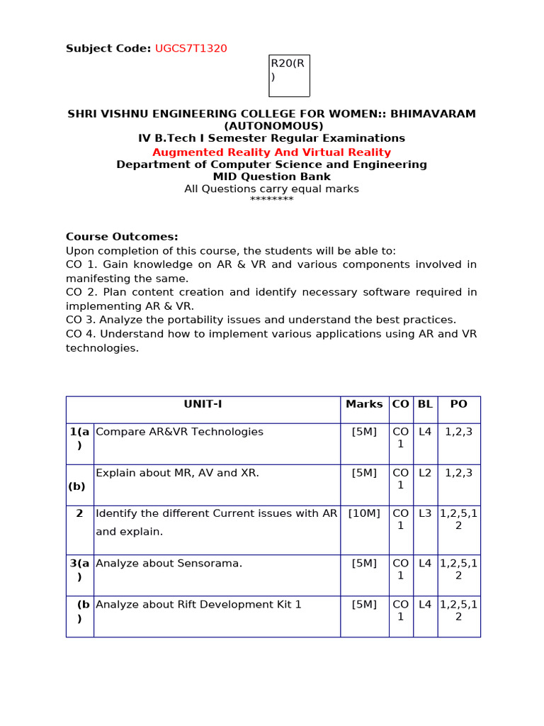 IV Cse Arvr Svecw r20(r) Mid-question Bank | PDF | Virtual Reality | Augmented Reality